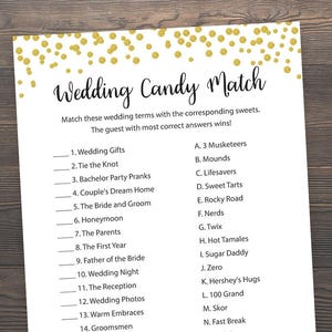Candy Bar Matching Game, Bridal Shower Games, Wedding Candy Match, Gold ...
