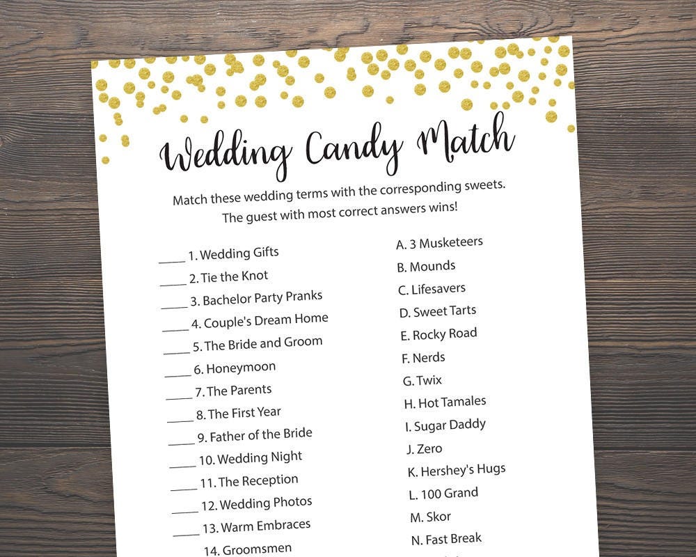 Candy Bar Matching Game, Bridal Shower Games, Wedding Candy Match, Gold ...