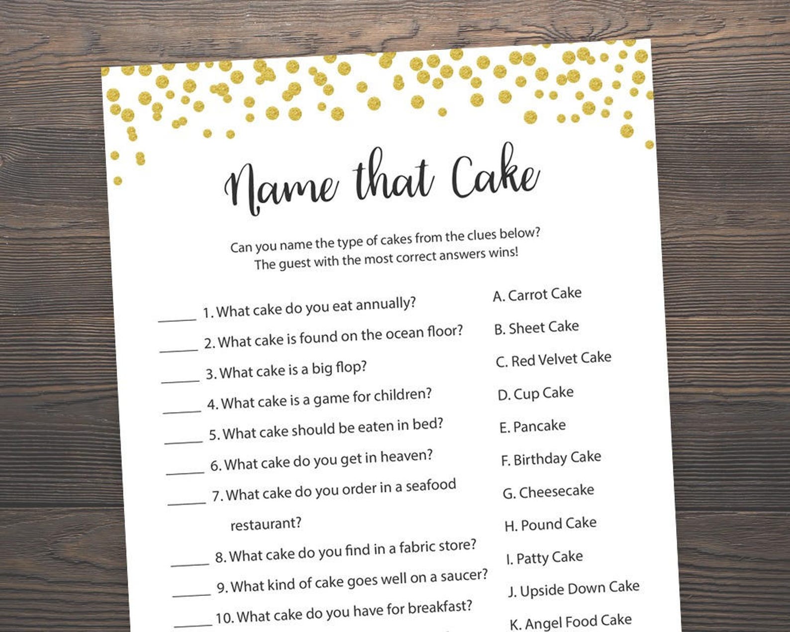 Name That Cake, Bridal Shower Games, Guess the Cake Game, Gold Confetti ...