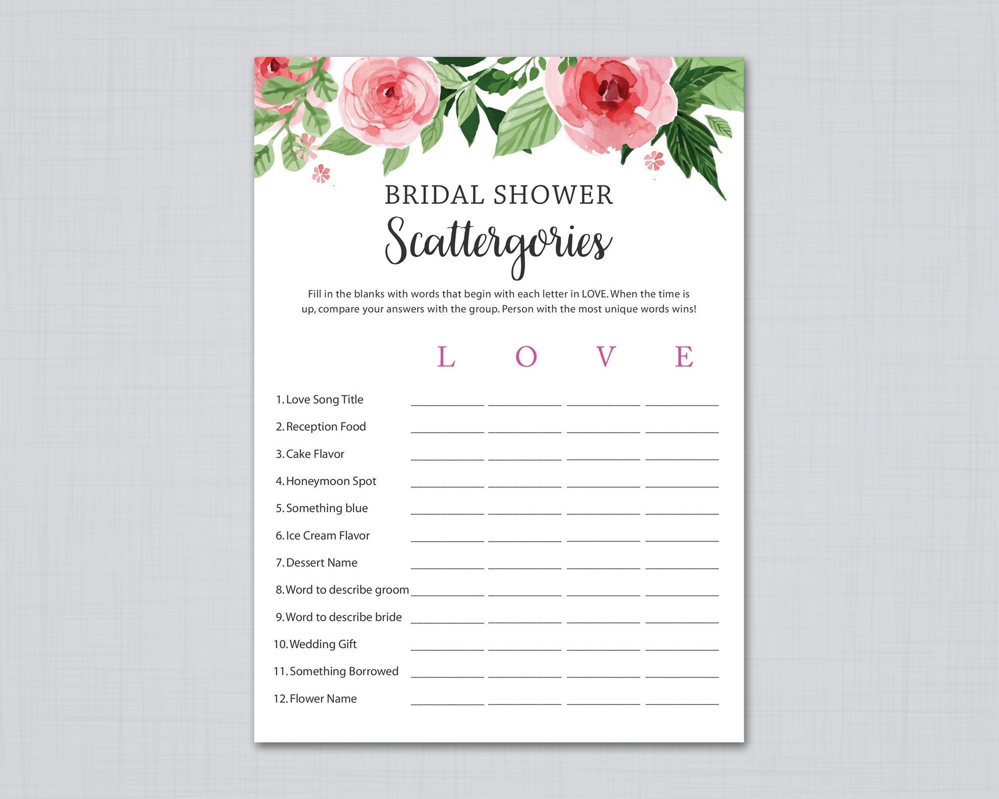 Bridal Shower Scattergories, Printable Bridal Shower, Floral Bridal ...
