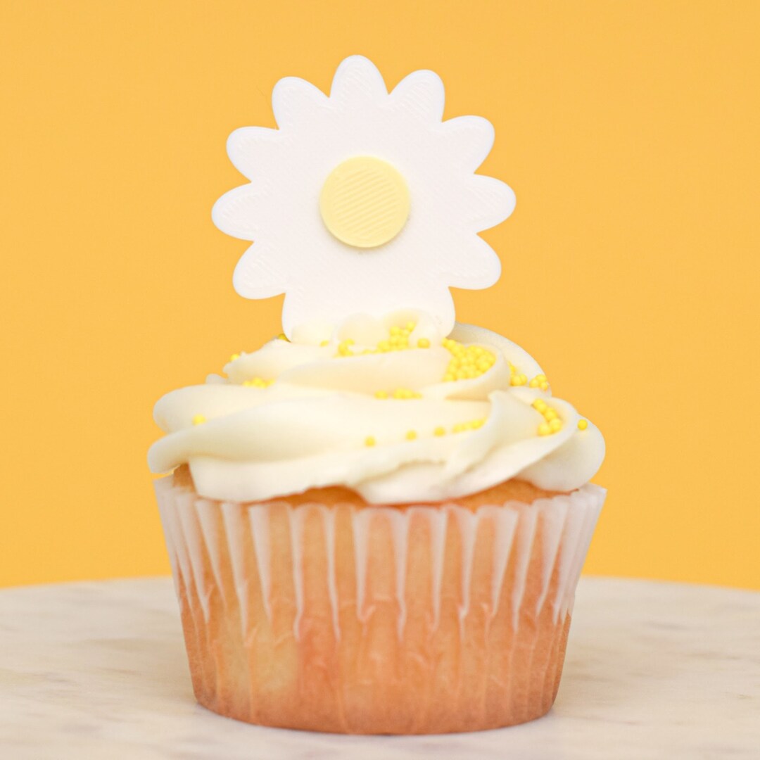 Yellow and White Flower Cupcake Toppers - Set of 6 3D Printed Plastic ...