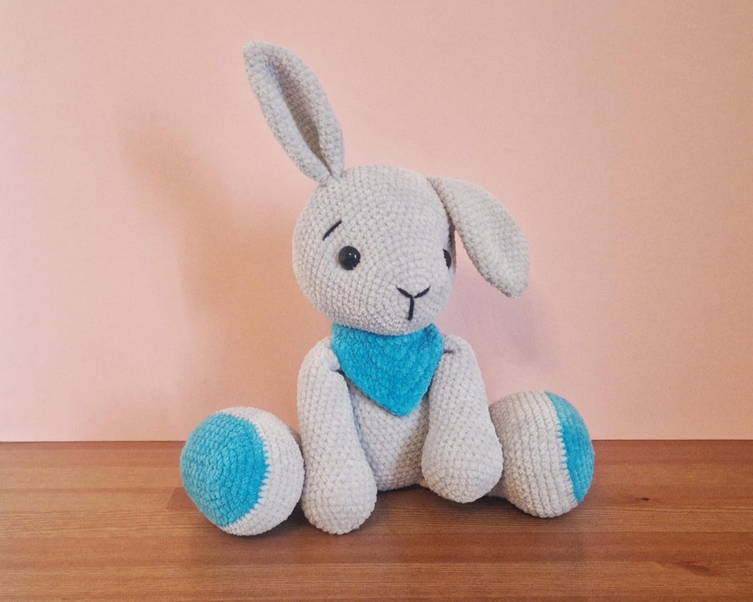 Large Grey and Blue Crochet Bunny Soft, Quality Squishy Floppy Earred ...