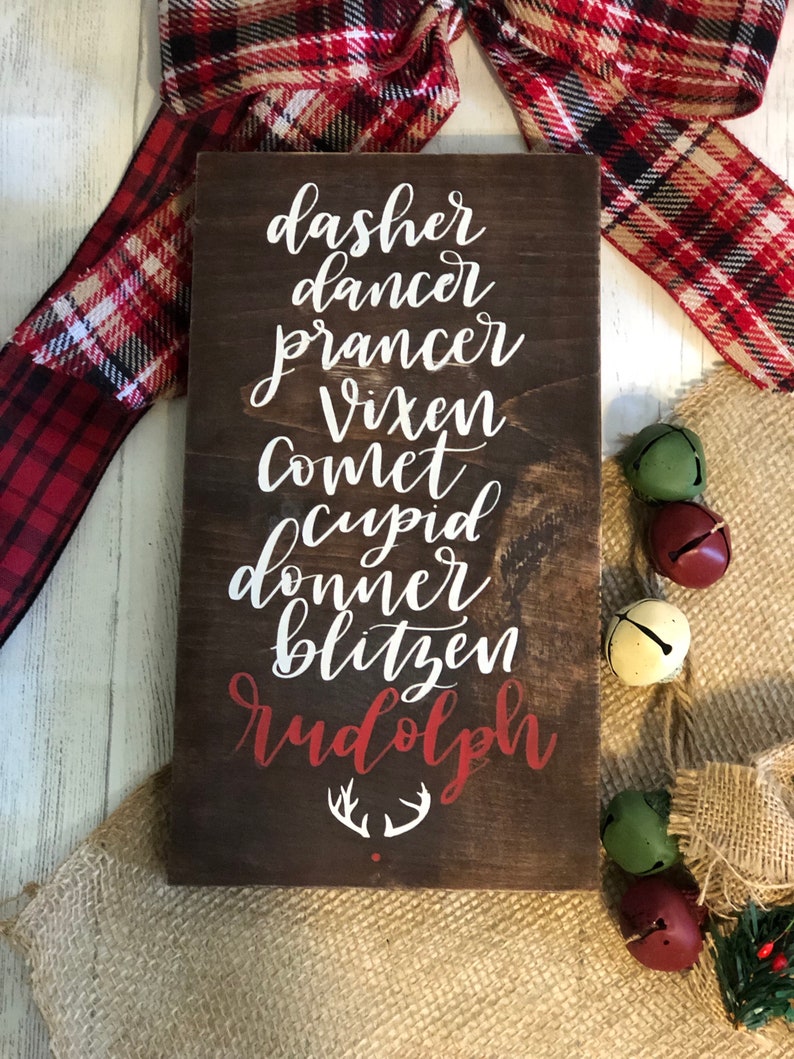 Christmas Reindeer Names Real Wood Sign dasher Dancer | Etsy