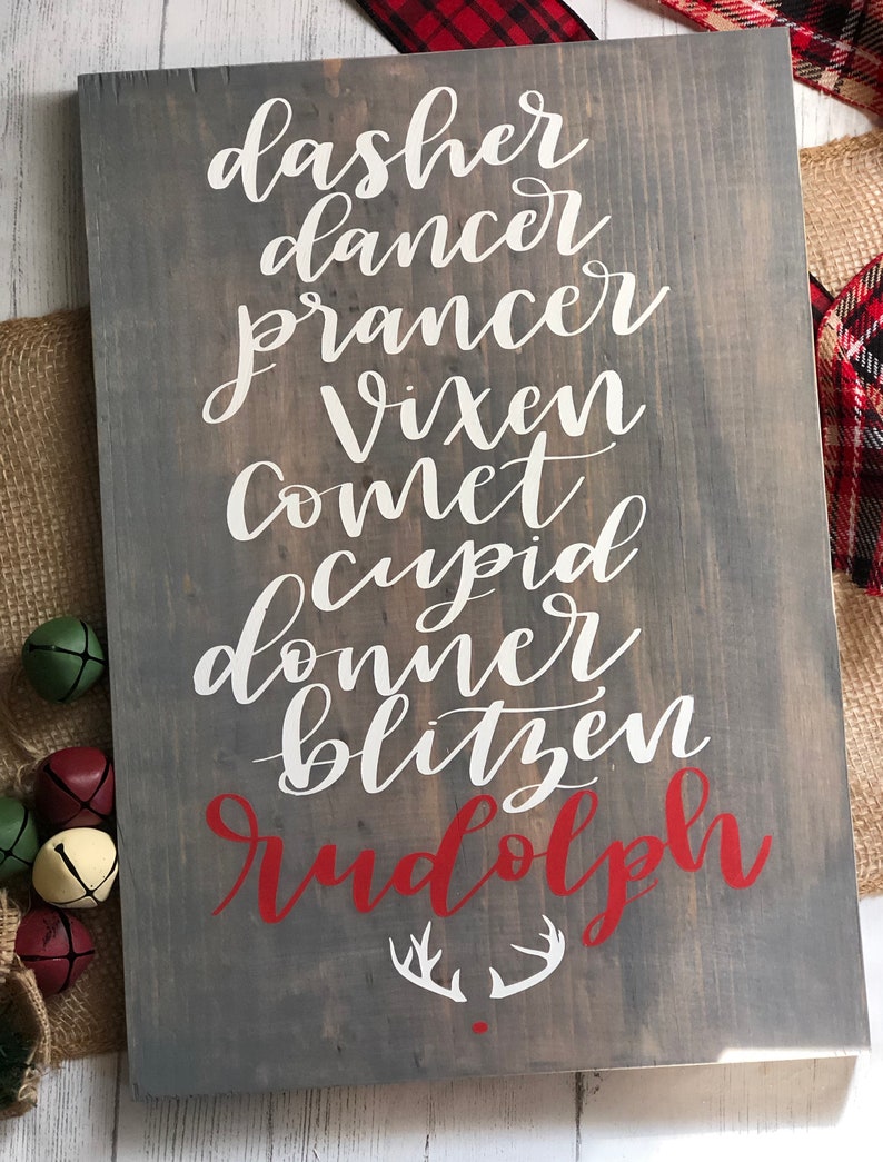 Christmas Reindeer Names Real Wood Sign dasher Dancer | Etsy