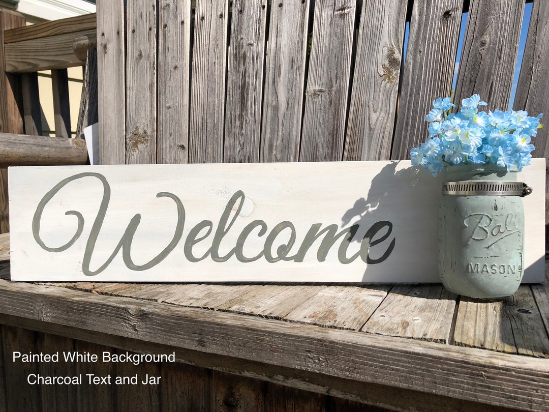Hand Painted Wood Welcome Sign With Mason Jar: Rustic Farmhouse Decor ...