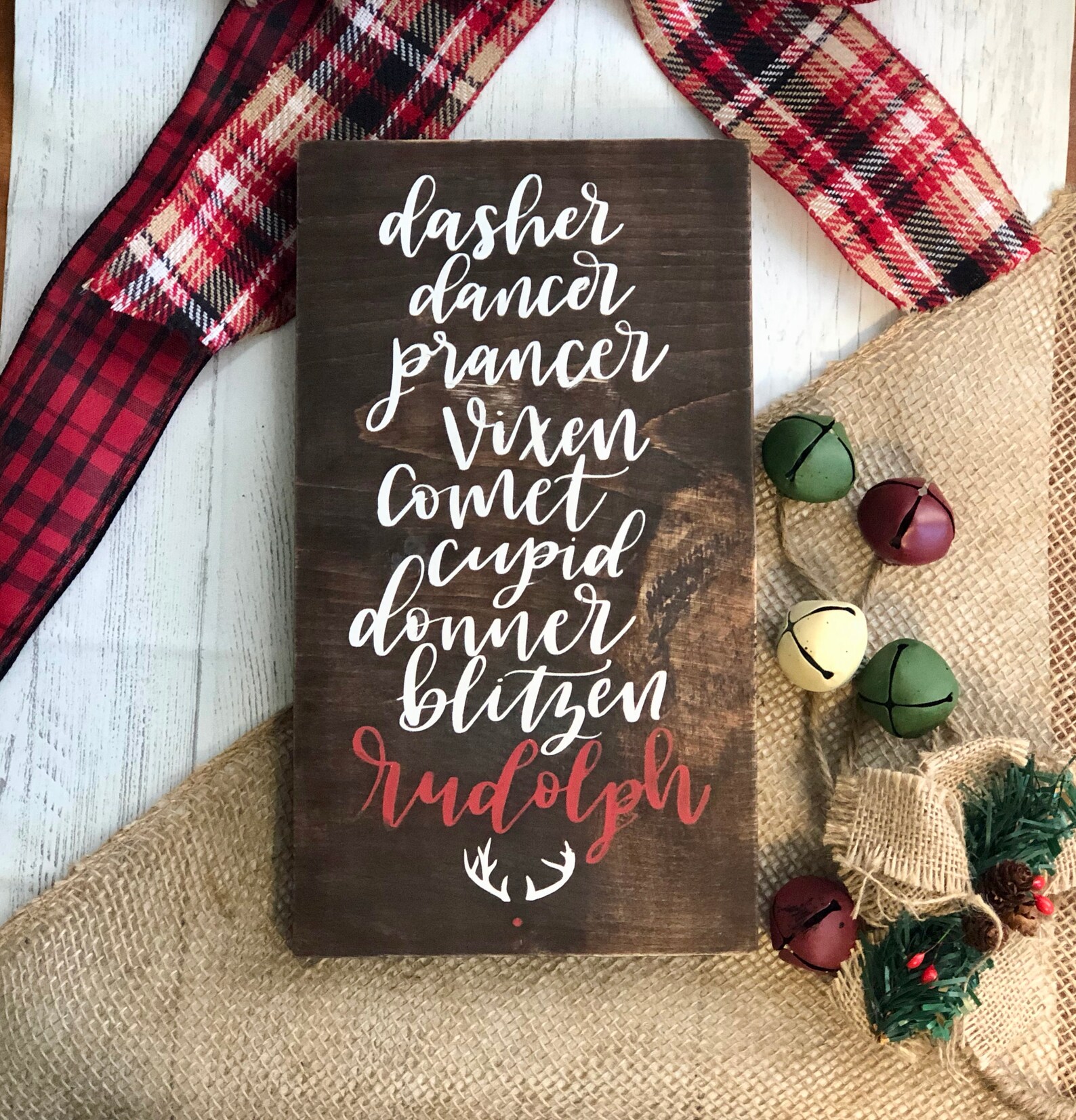 Christmas Reindeer Names Real Wood Sign dasher Dancer | Etsy