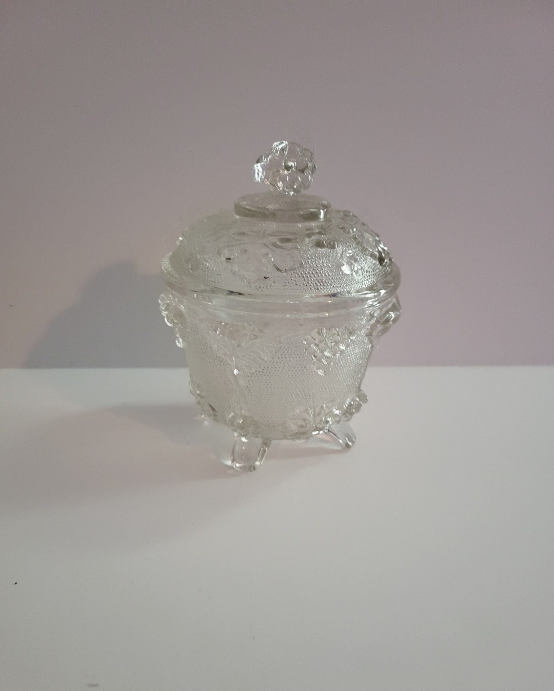 Jeanette Glass Lidded Candy Dish, Clear With Motif of Grapes and Vines ...