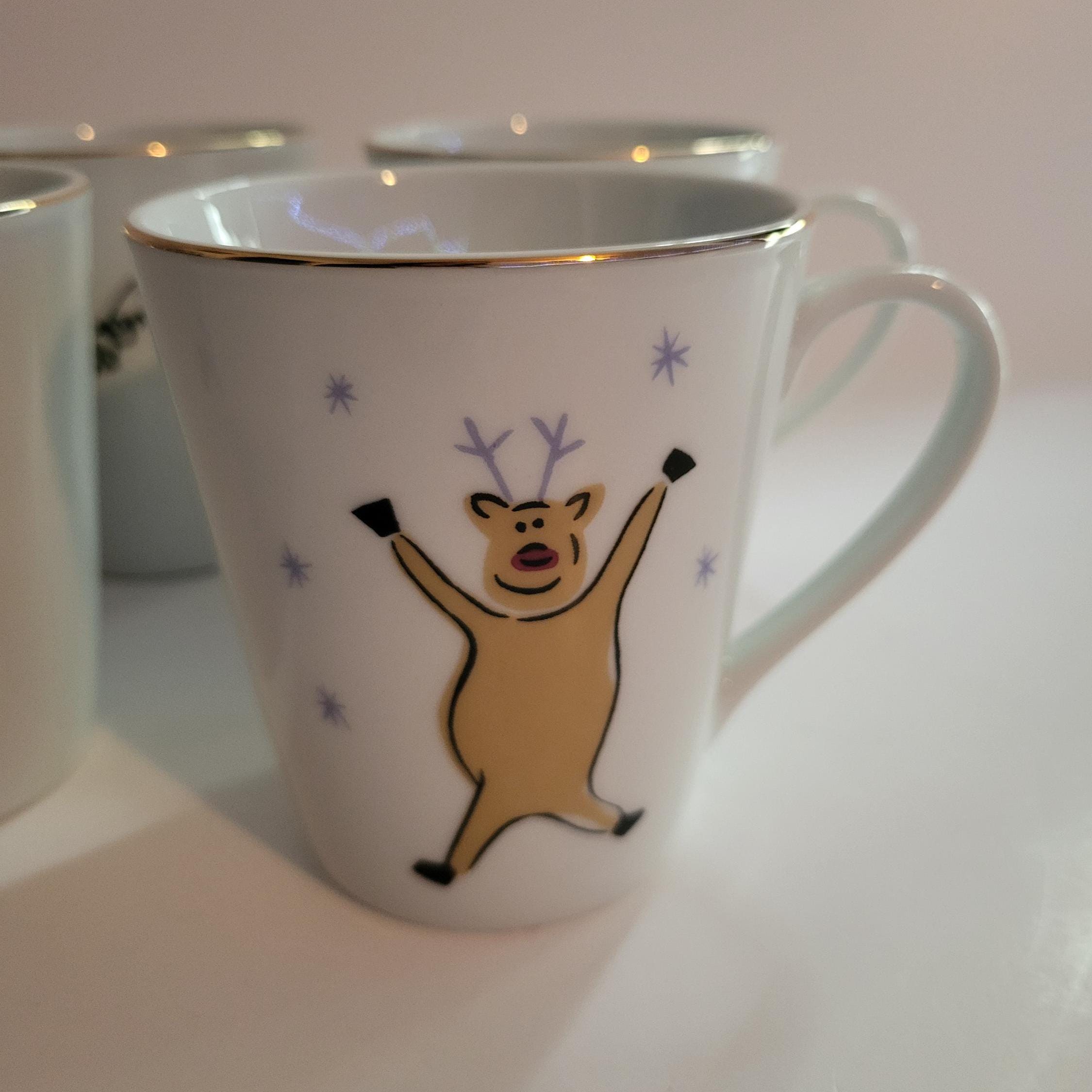 Merry Brite Christmas Mugs Santa, Reindeer, Tree, and Present / Set of ...