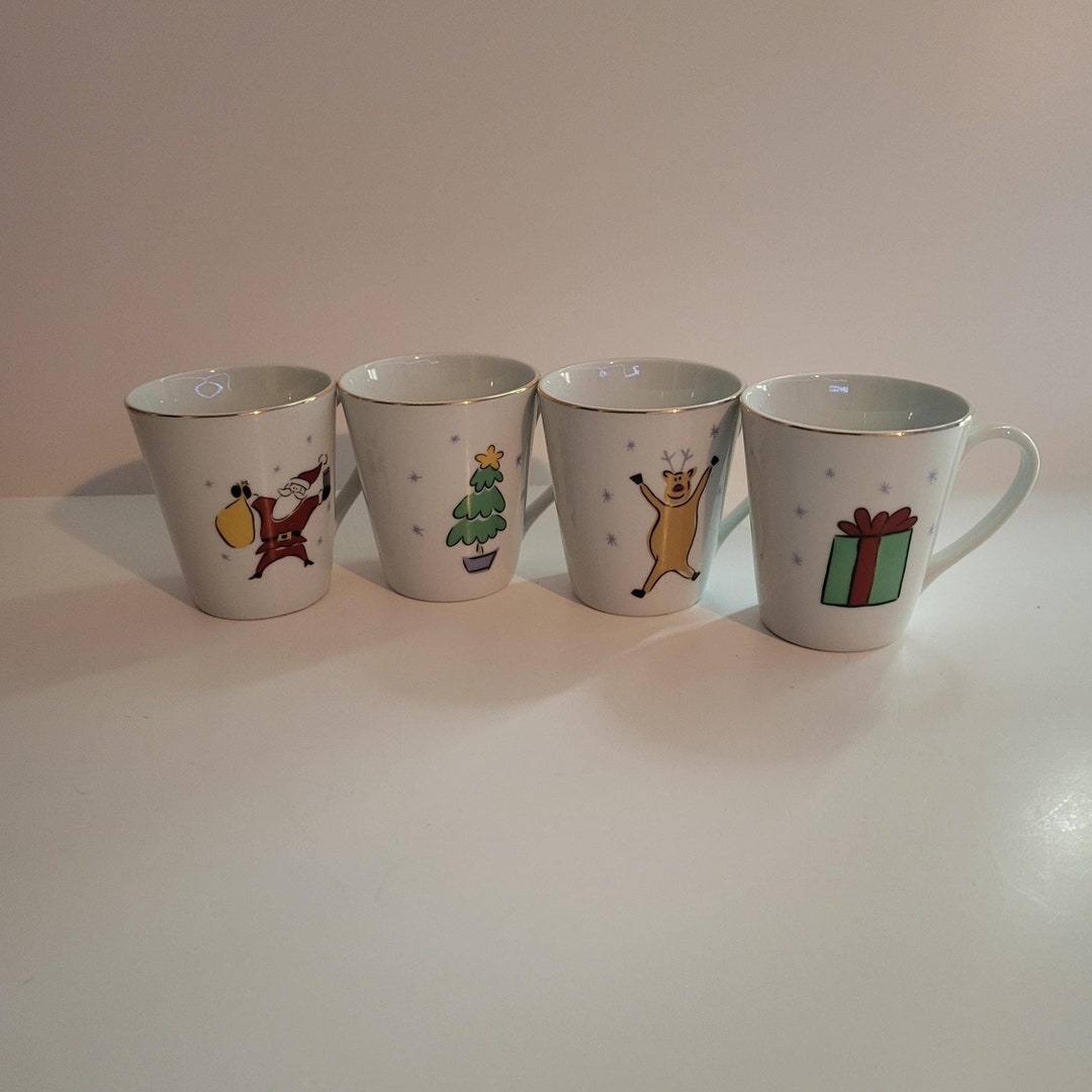 Merry Brite Christmas Mugs Santa, Reindeer, Tree, and Present / Set of ...
