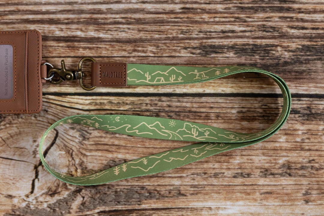 Travel Neck Lanyard: Line Art (mountains, Trees, Roads) in Green/tan ...
