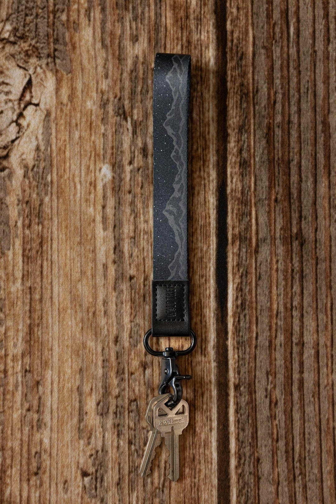 Wristlet Keychain - Midnight Mountain - Stars - Vegan Black Leather End ...