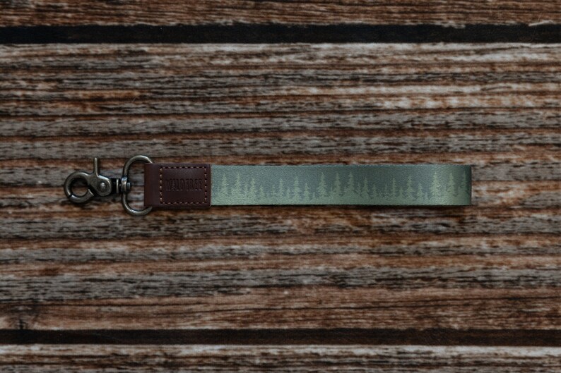 Wristlet Keychain - Pinetree Landscape - Vegan Brown Leather End, Key ...