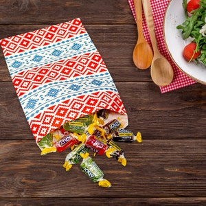 25, 50, 100, 200 Pack 6x9 Paper Bags, Tribal Mod Design Red and Blue ...