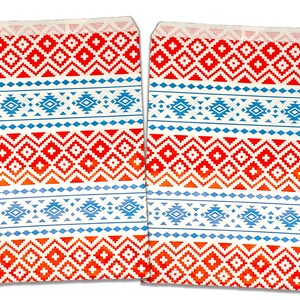 25, 50, 100, 200 Pack 6x9 Paper Bags, Tribal Mod Design Red and Blue ...