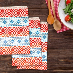 25, 50, 100, 200 Pack 6x9 Paper Bags, Tribal Mod Design Red and Blue ...