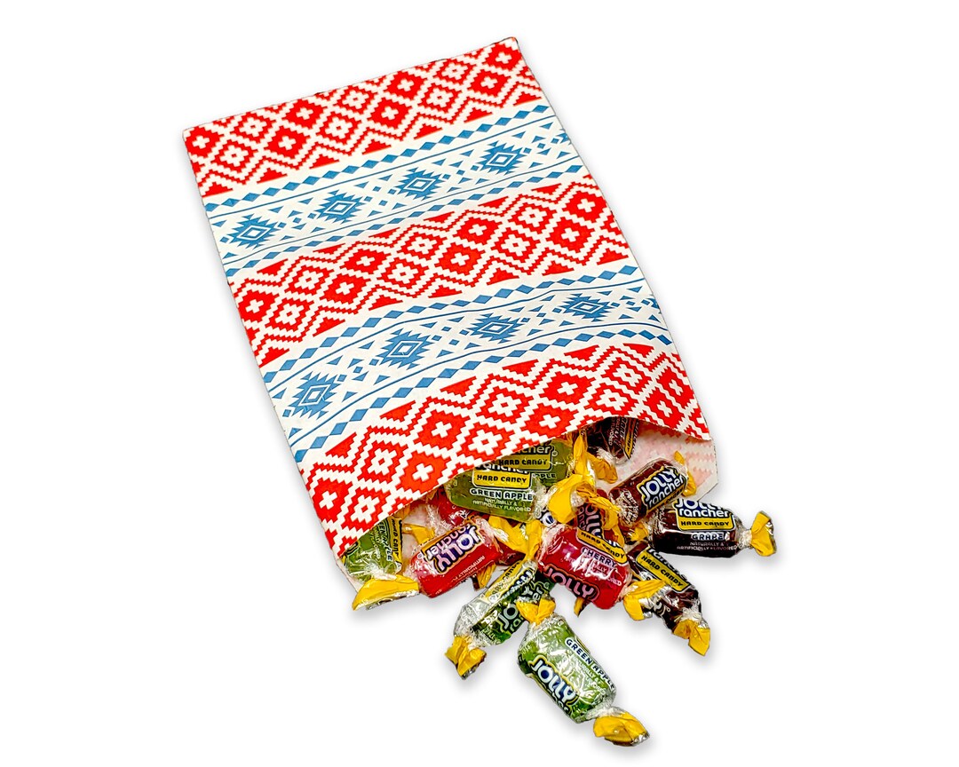 25, 50, 100, 200 Pack 6x9 Paper Bags, Tribal Mod Design Red and Blue ...