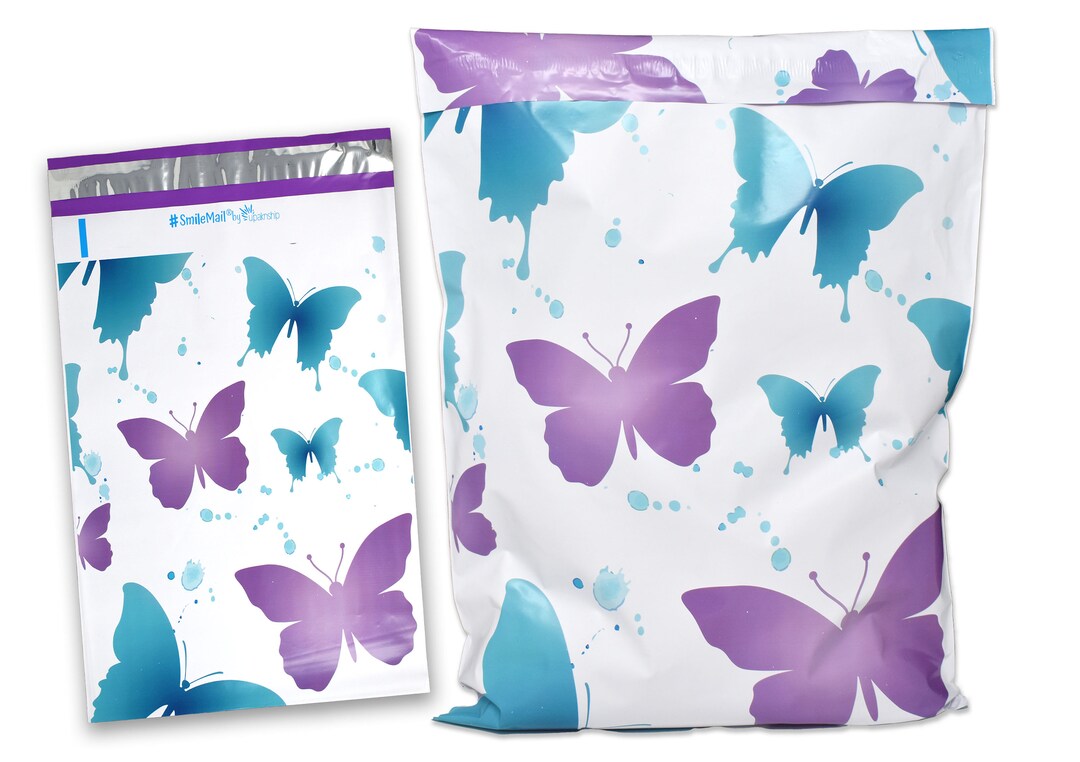 10x13, 6x9 Pastel Purple and Blue Butterfly Poly Mailers, Flat Self ...