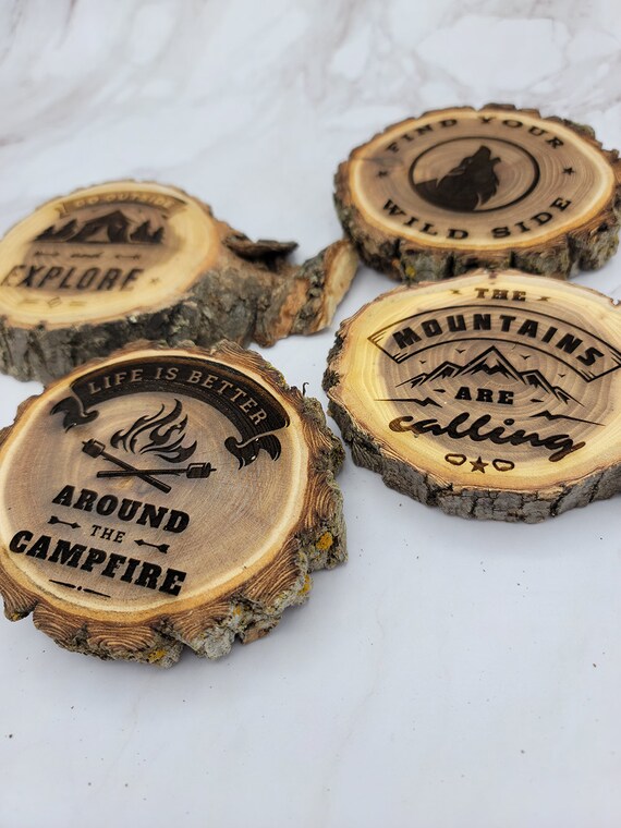 Set of Four Camping Theme Coasters Engraved on Rustic Elmwood | Etsy