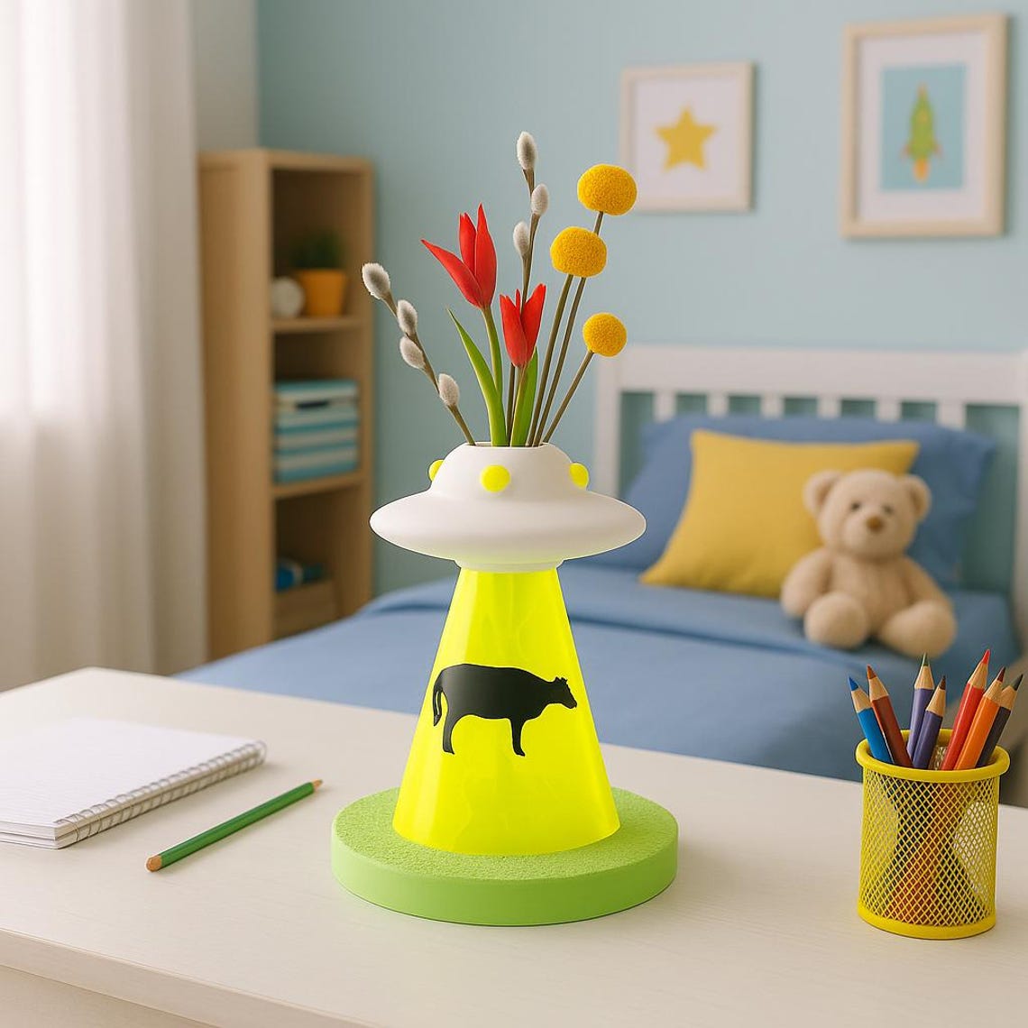 Glow-in-the-dark Alien Abduction Vase: 3D Printed UFO Decor, Cow Theme ...