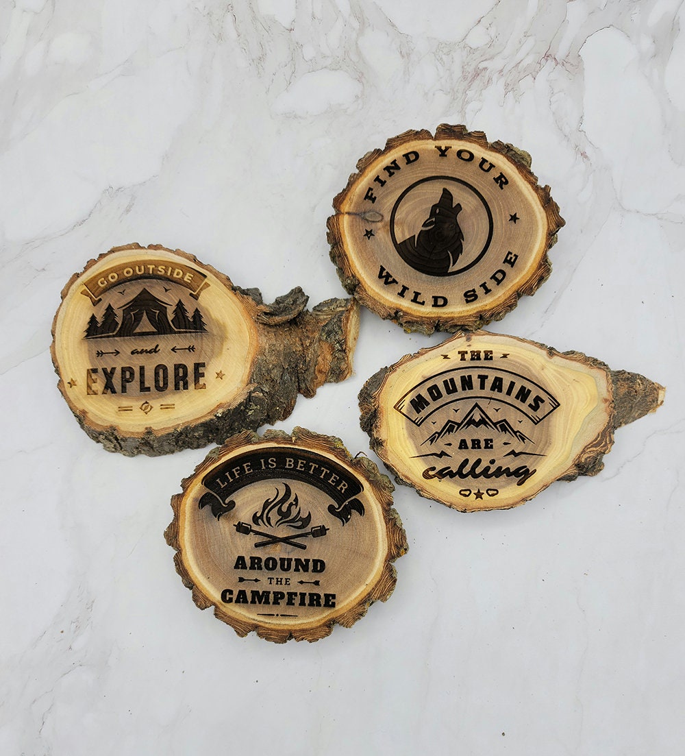 Set of Four Camping Theme Coasters Engraved on Rustic Elmwood | Etsy