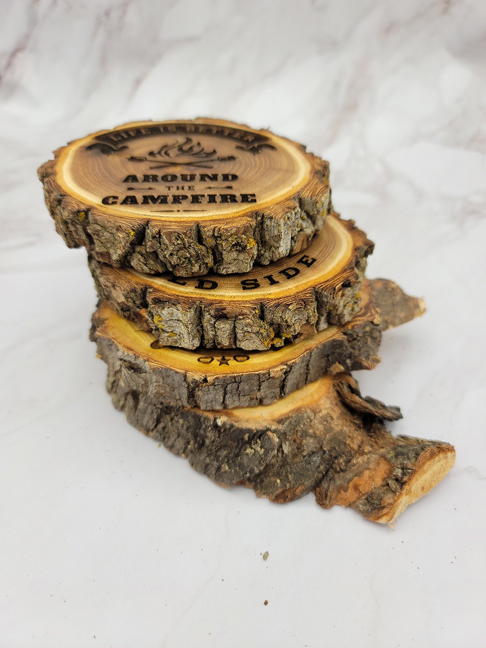 Set of Four Camping Theme Coasters Engraved on Rustic Elmwood | Etsy