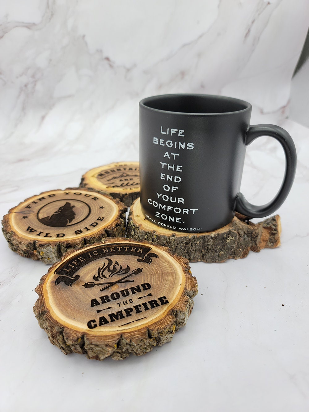 Set of Four Camping Theme Coasters Engraved on Rustic Elmwood | Etsy