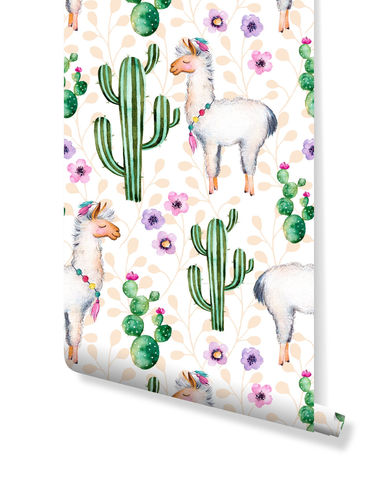 Self Adhesive Cactus Llamas Wallpaper - Removable Watercolor - Peel and ...
