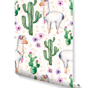Self Adhesive Cactus Llamas Wallpaper - Removable Watercolor Decal ...