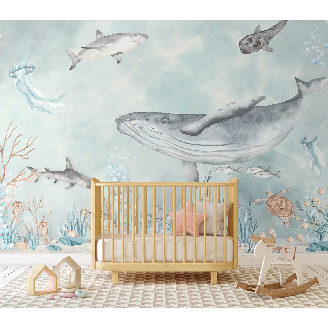 Under the Sea Whale Wall Mural - Watercolor Ocean Fish Turtle Shark ...