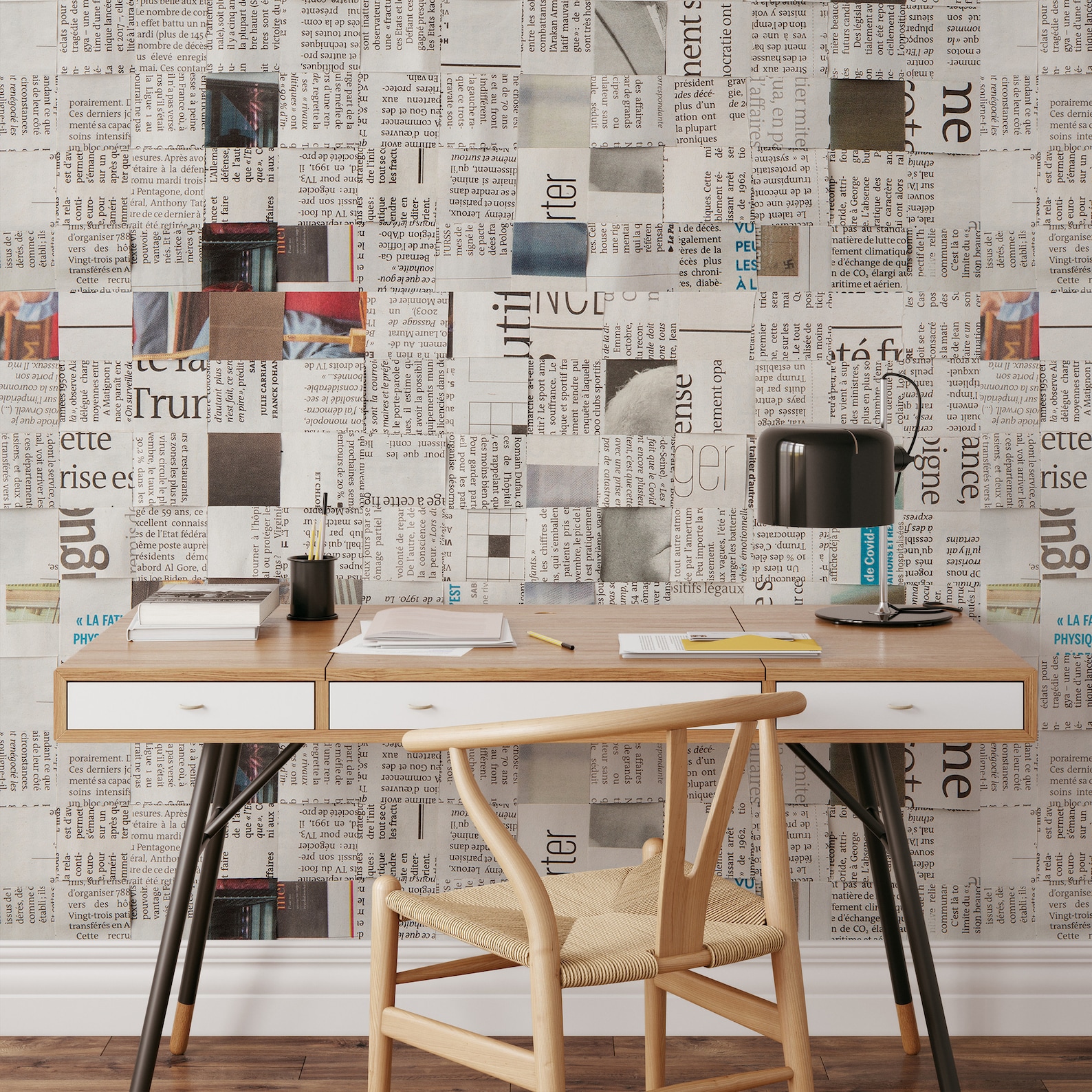 Vintage Newspaper Collage Wall Mural - Text Print Patchwork Loft Peel ...