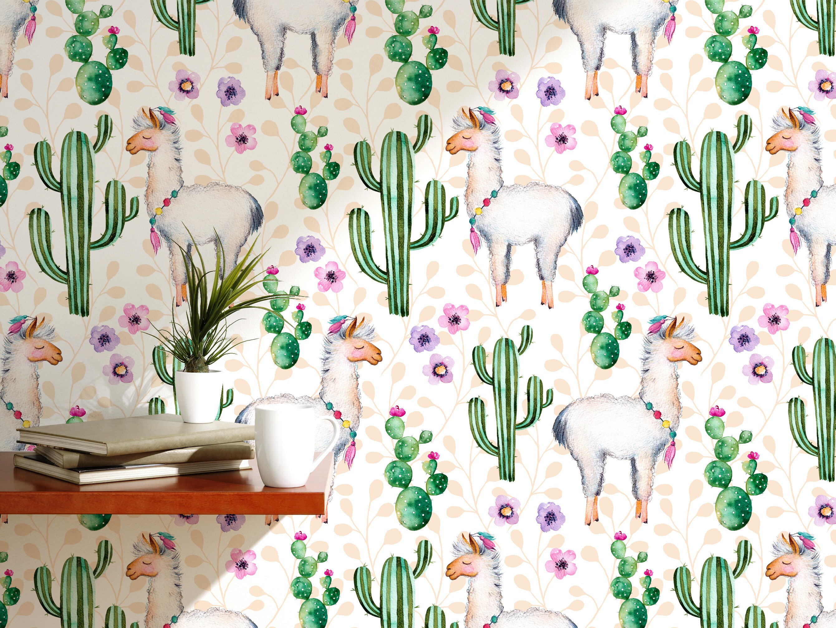 Self Adhesive Cactus Llamas Wallpaper Removable Watercolor | Etsy