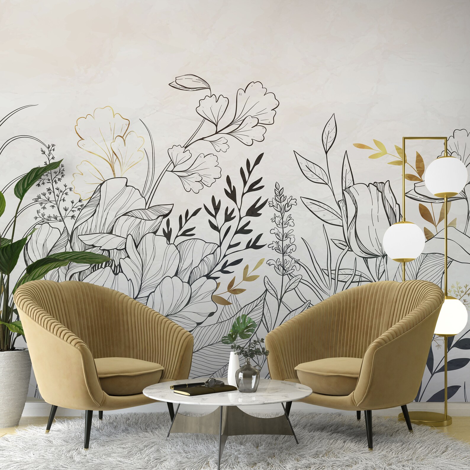 Line Art Floral Wall Mural – Neutral Beige Peony Tulip Wallpaper - Faux ...