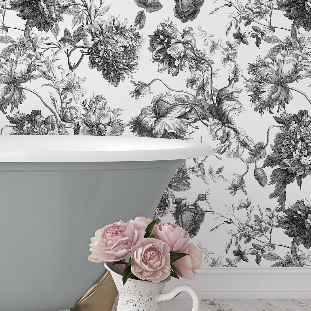 French Toile Peel and Stick Wallpaper - Pink Flower Provence Removable ...