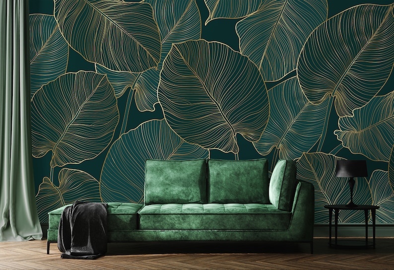 Emerald Green Tropical Leaves Wallpaper – Large Banana Line Art ...