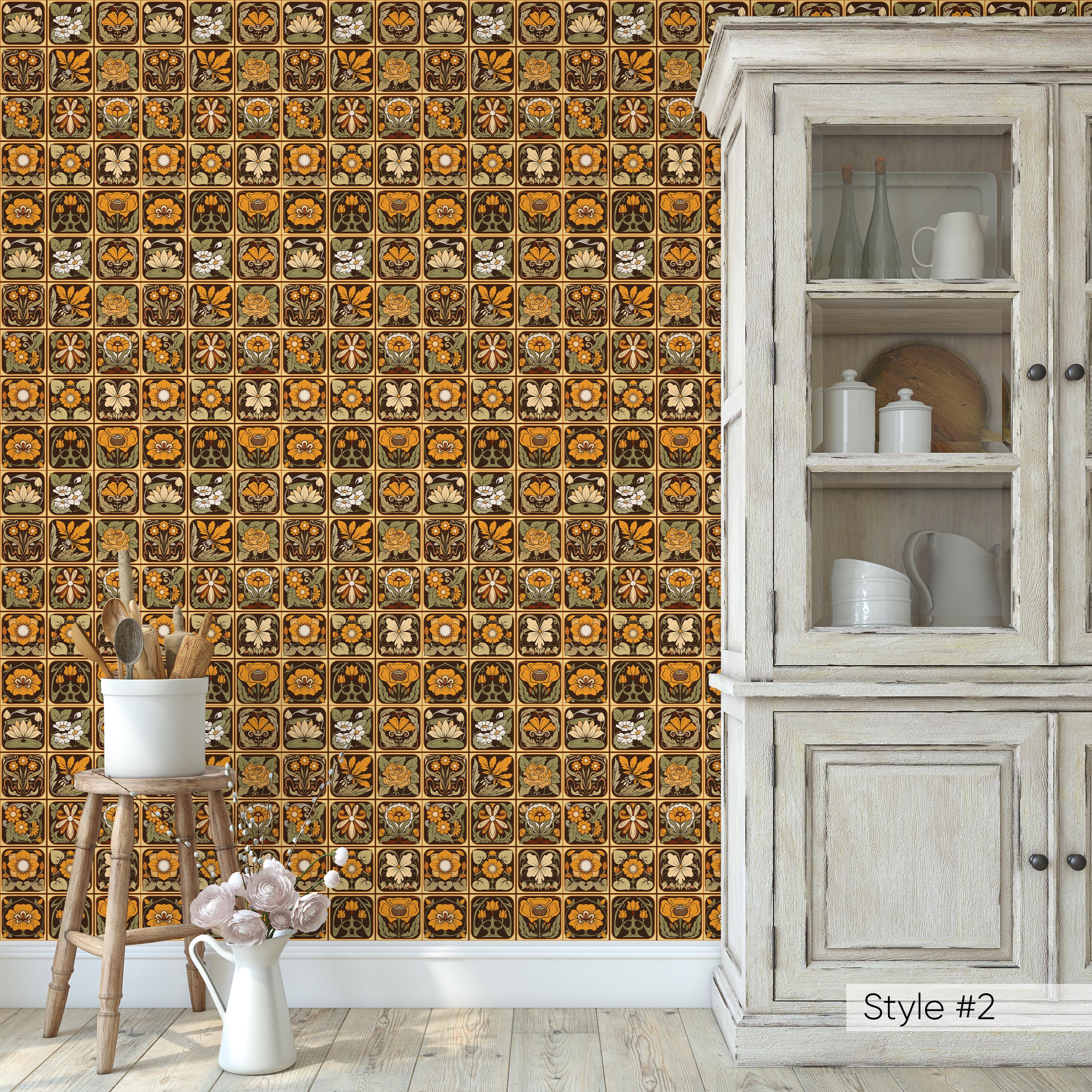 Retro Tile Wallpaper – Vintage Floral Mediterranean Mustard Brown ...