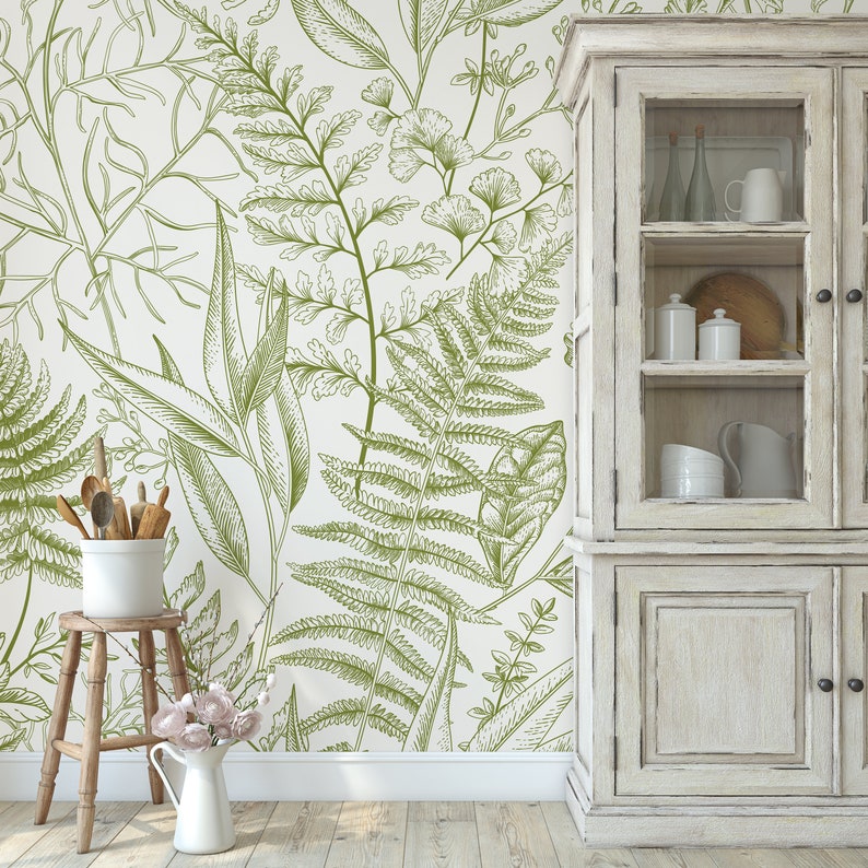 Fern Botanical Removable Mural Wallpaper light Greenery Self - Etsy