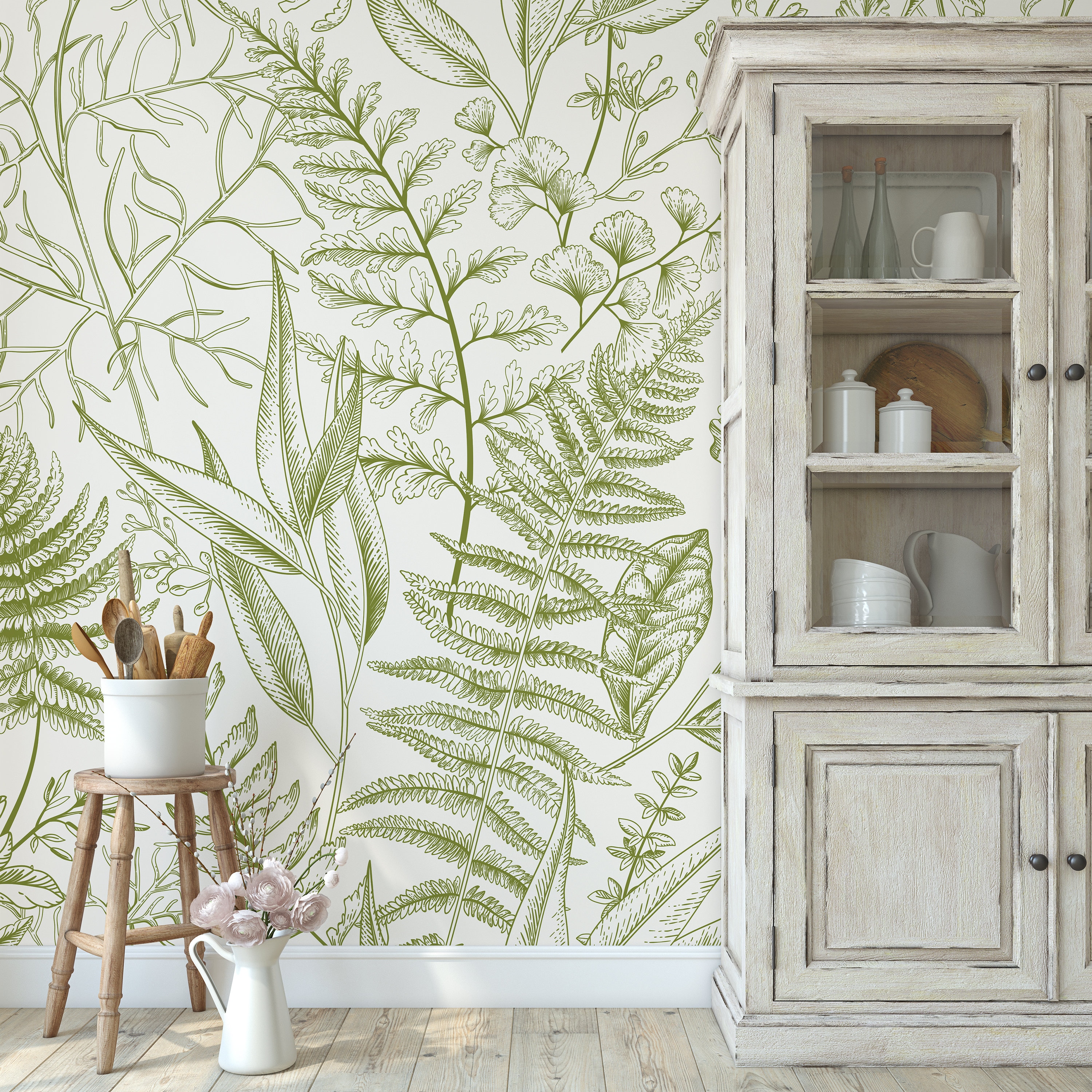 Fern Botanical Line Art Wallpaper - Sage Green Leaves Peel and Stick ...