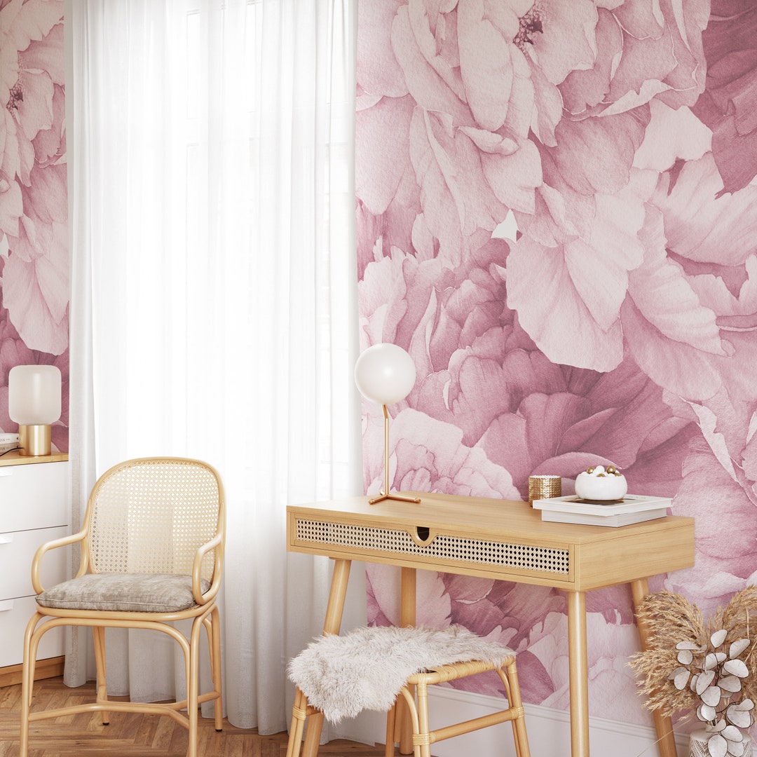 Pink Peony Peel and Stick Wall Mural - Watercolor Floral Large Flower ...