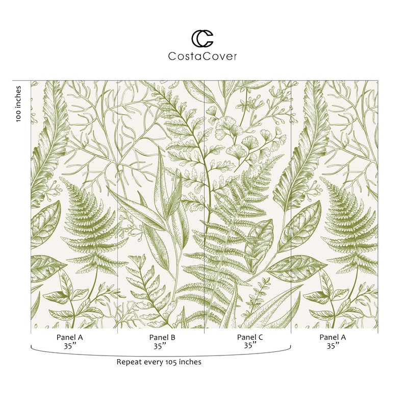 Fern Botanical Removable Mural Wallpaper light Greenery Self - Etsy