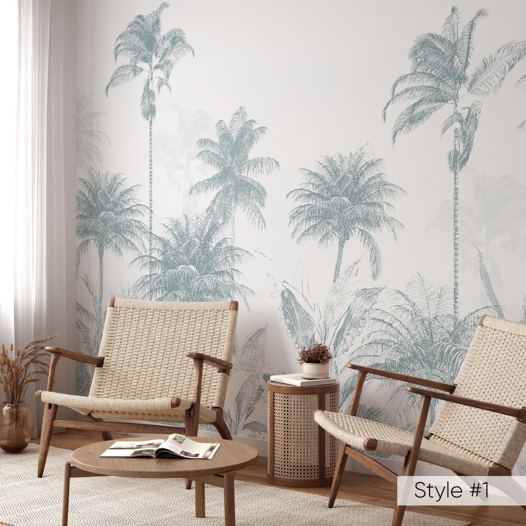 Vintage Jungle Palms Wall Mural - Peel & Stick Sketch Print Wallpaper ...