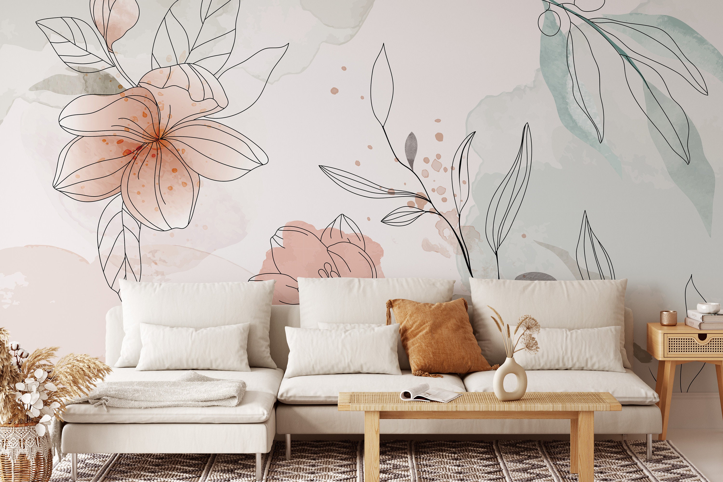 Line Art Large Flowers Removable Mural Wallpaper Watercolor - Etsy