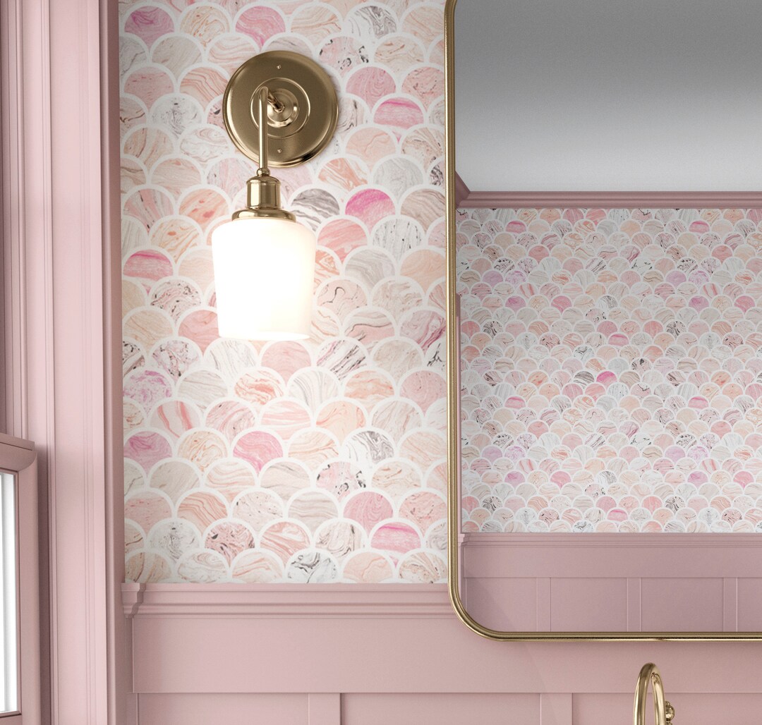 Pink Art Deco Scallops Wallpaper - Removable Faux Marble Peel and Stick ...