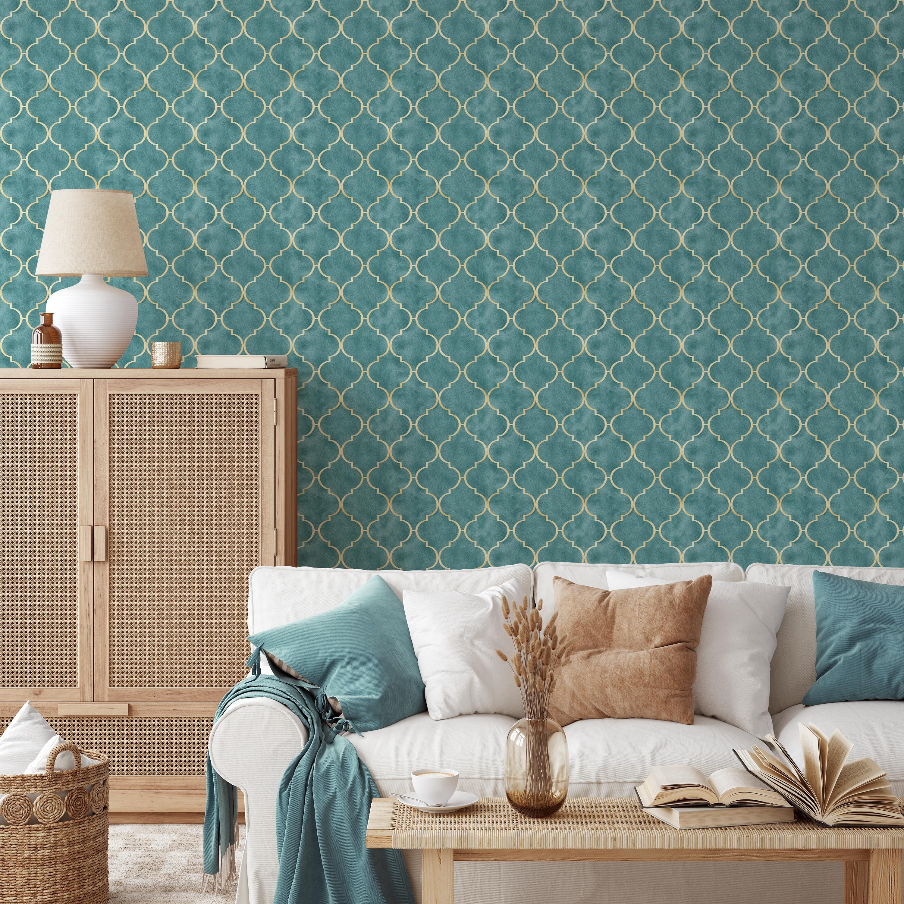 Art Deco Teal Moroccan Wallpaper - Turquoise Blue Faux Gold Luxury Wall ...
