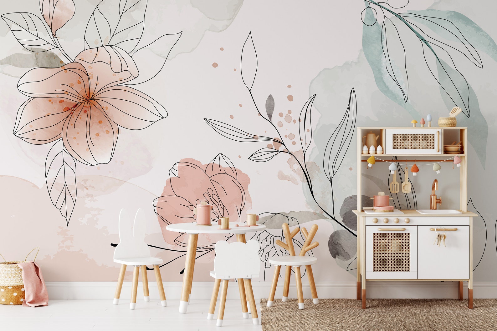 Line Art Large Flowers Removable Mural Wallpaper Watercolor - Etsy