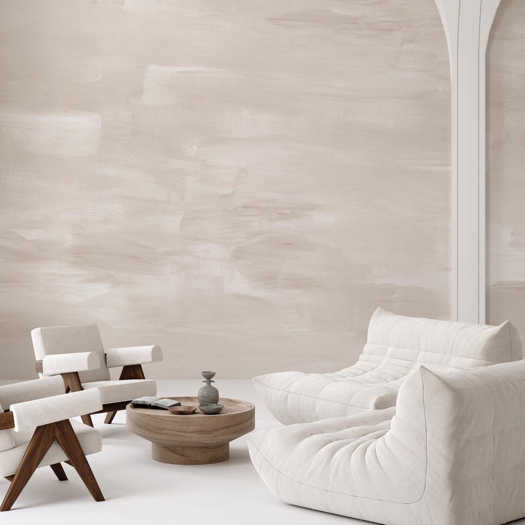 Neutral Beige Brush Strokes Wall Mural - Abstract Plaster Texture Peel ...