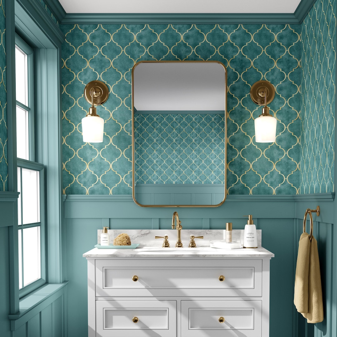 Art Deco Teal Moroccan Wallpaper - Turquoise Blue Faux Gold Luxury Wall ...