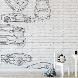 Car Sketch Line Art Wall Mural - Hand-drawn Blueprint Brick Texture ...