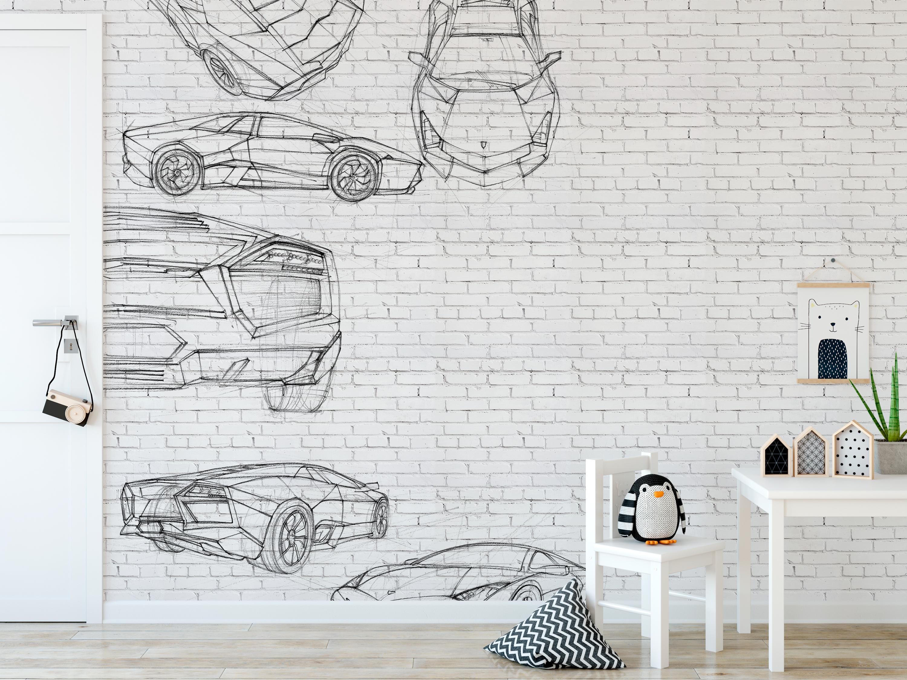 Car Sketch Line Art Wall Mural - Hand-drawn Blueprint Brick Texture ...