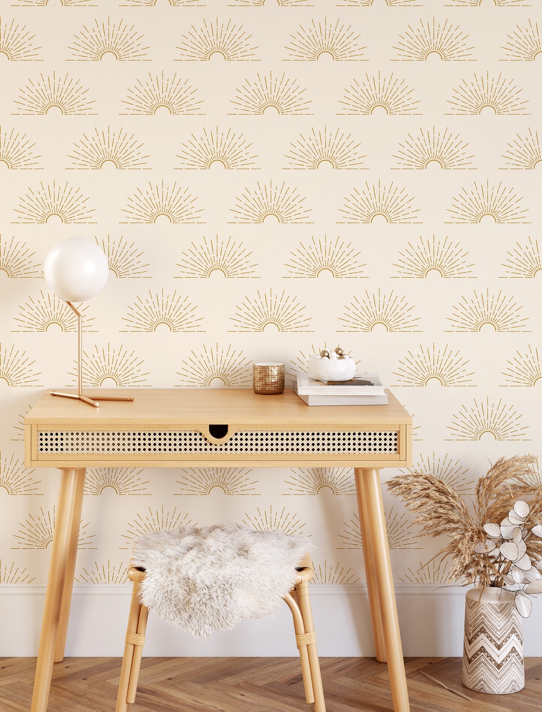 Beige Boho Sunburst Wallpaper – Ivory Sun Rays Nursery Peel and Stick ...