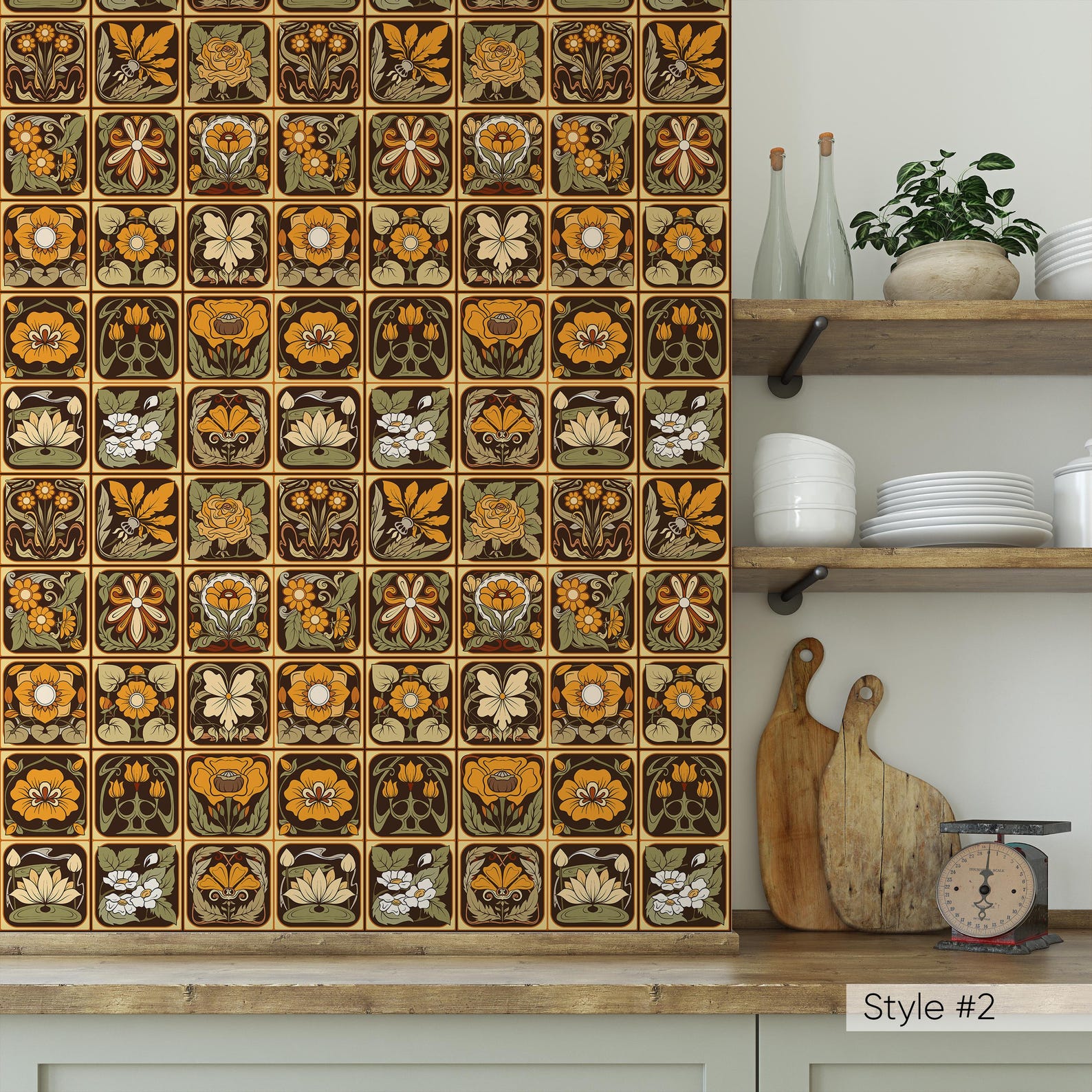 Retro Tile Wallpaper – Vintage Floral Mediterranean Mustard Brown ...